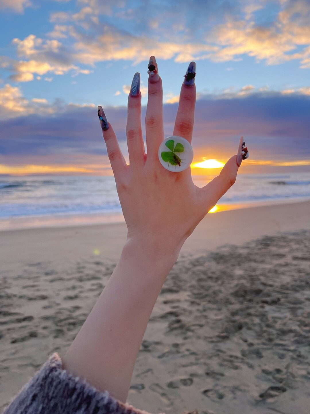 Real Ants on Genuine Four Leaf Clover Stainless Steel Oversized Ring ...