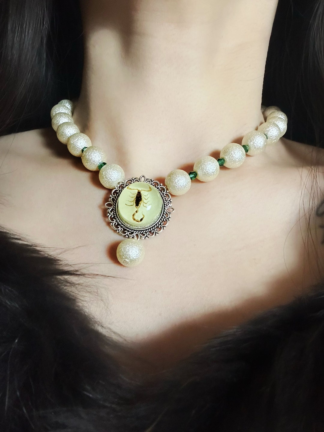 Real Scorpion With Faux Pearl Choker Necklace, Victorian Style Gothic ...