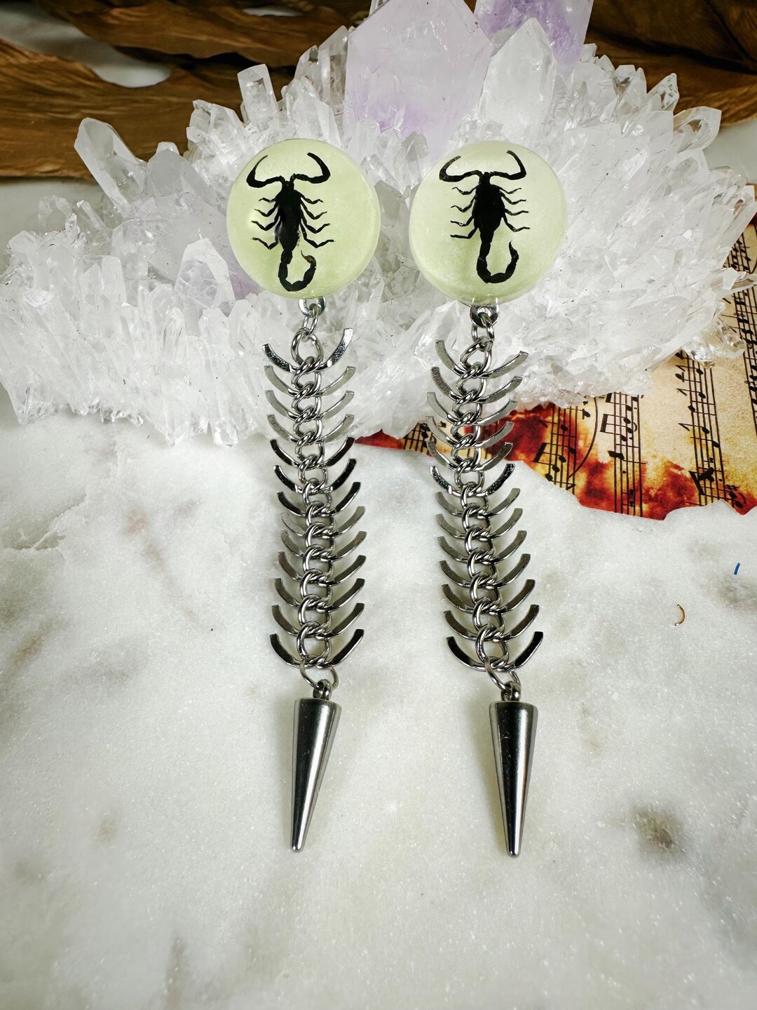 Real Scorpion Vertebral Spike Stainless Steel Earrings, Gothic Glow in ...