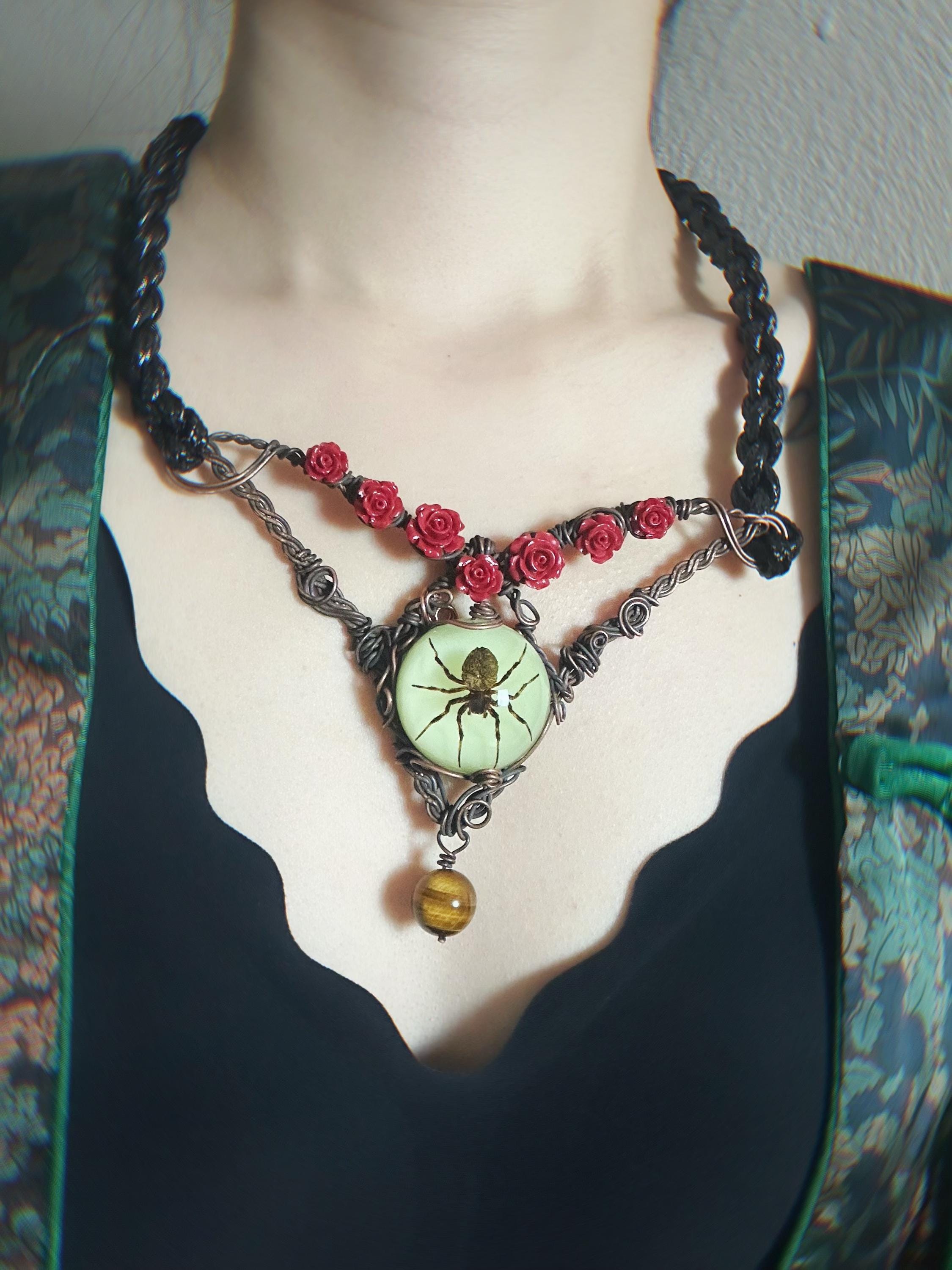 Real Spider Wire Wrapped Choker Necklace With Red Rose Flower and Tiger ...