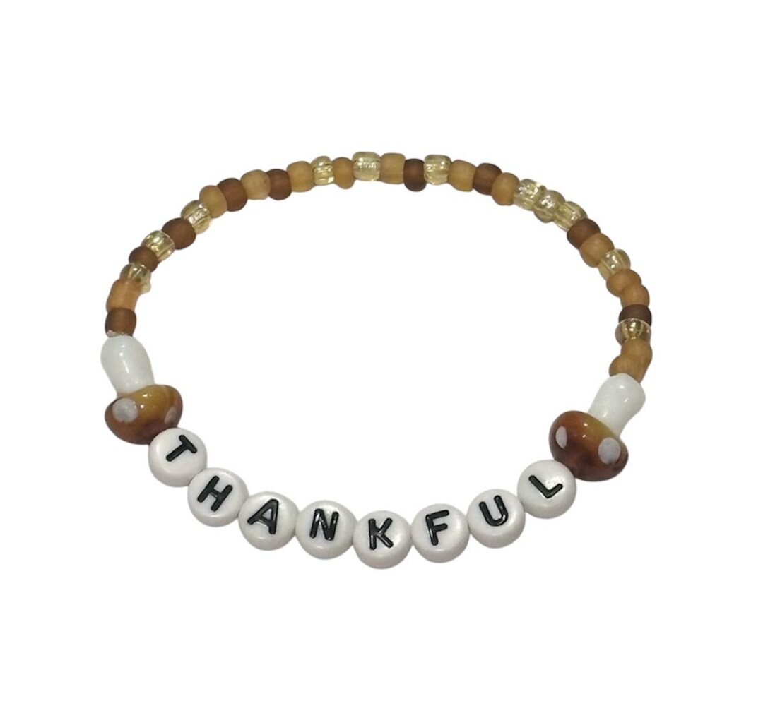 Beaded “thankful” Mushroom Charm Bracelet - Etsy