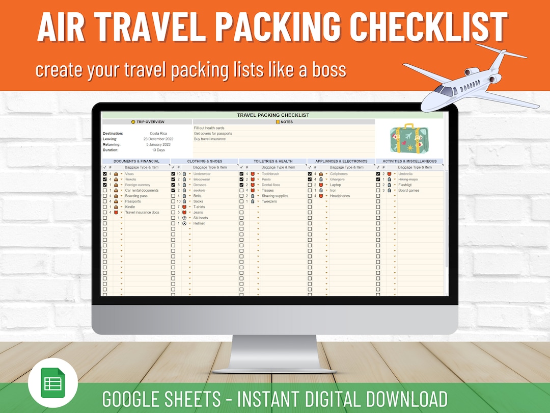 Air Travel Packing Checklist for Google Sheets, Personalised Editable ...