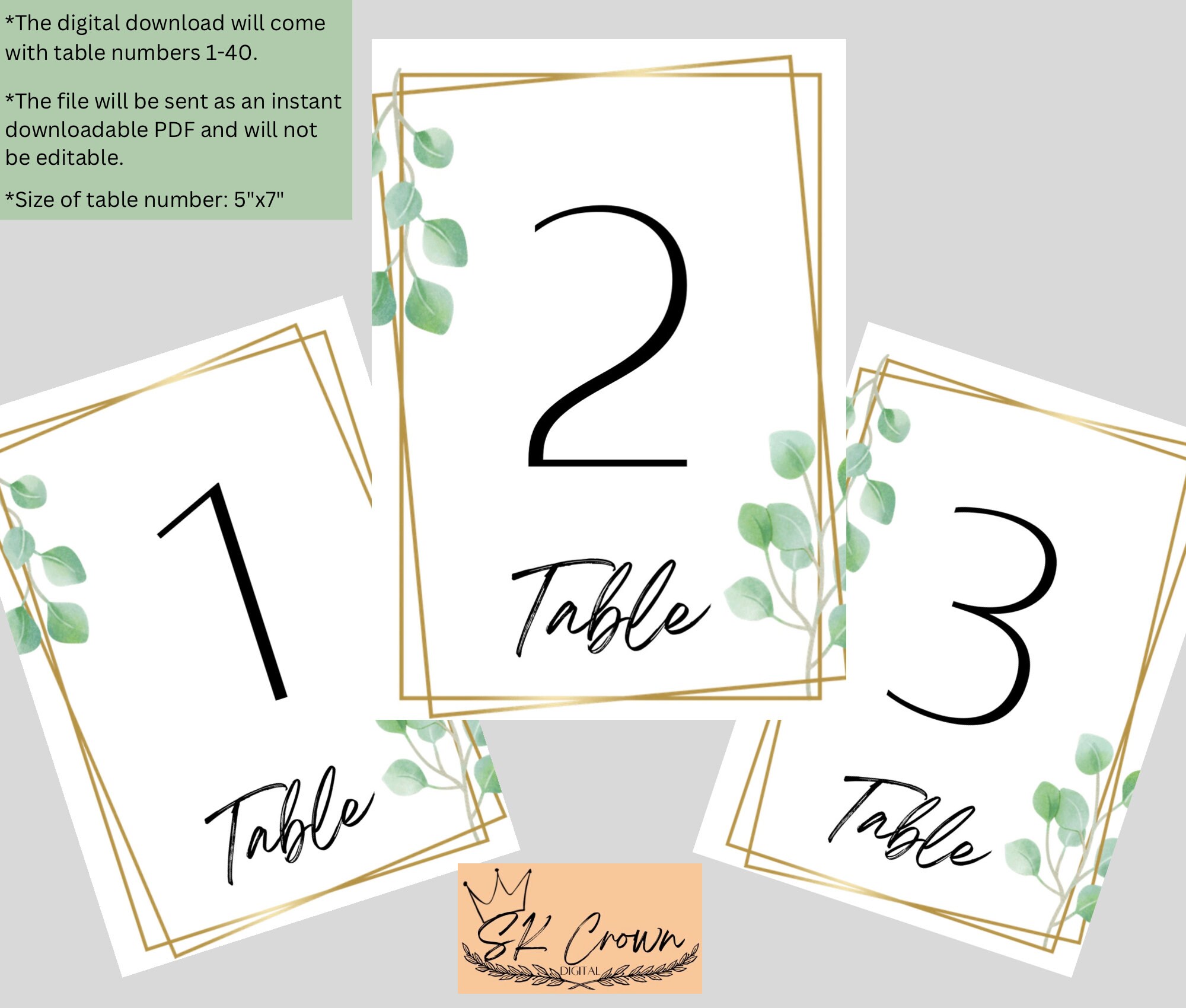 Leaves Gold Border Table Number Printable Table Numbers Table Number ...