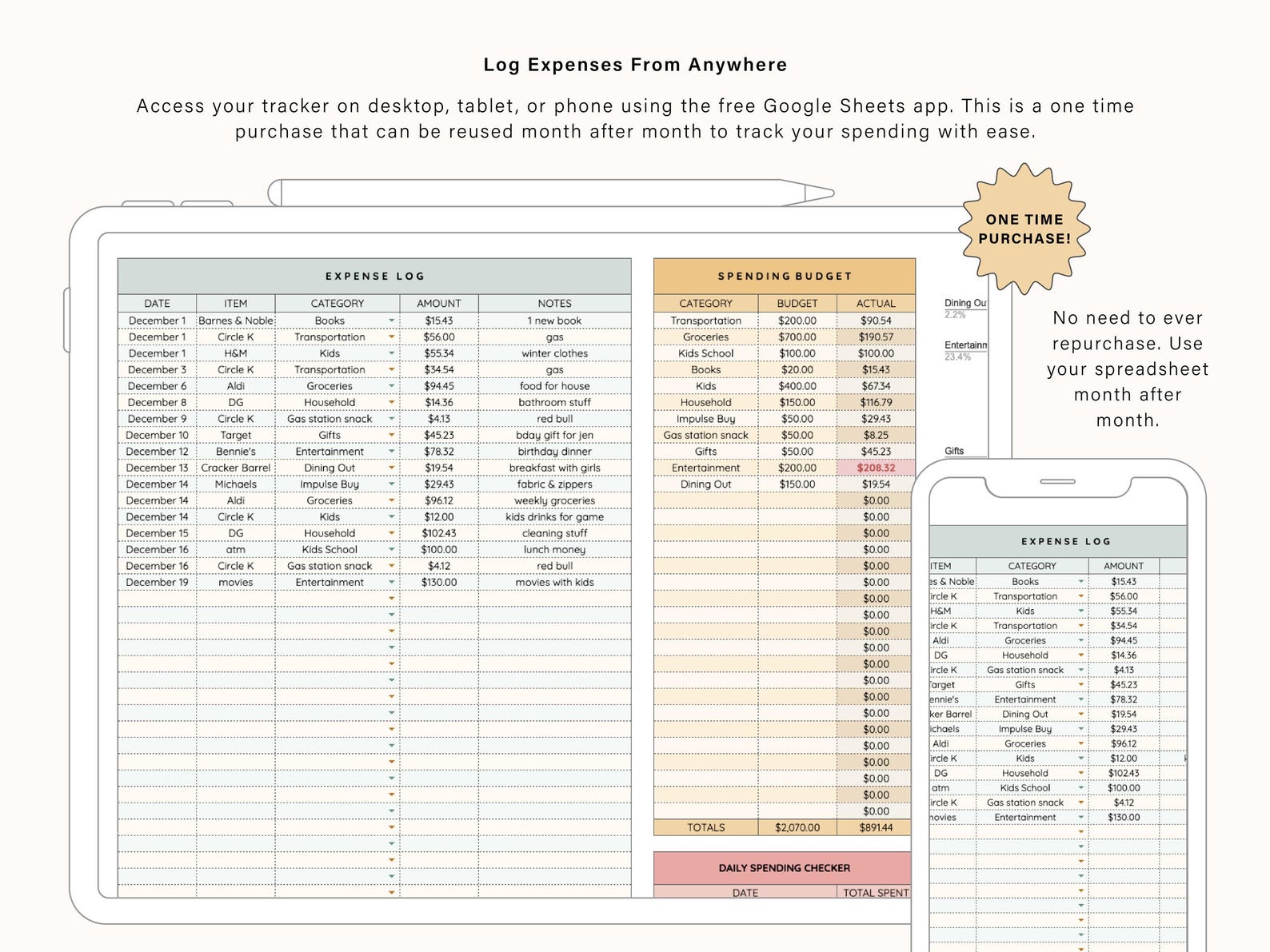 Expense Tracker for Google Sheets | Spreadsheet Budget Template - Etsy
