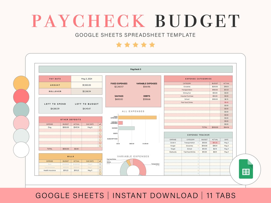 Paycheck Budget Spreadsheet for Google Sheets Template for Budgeting ...