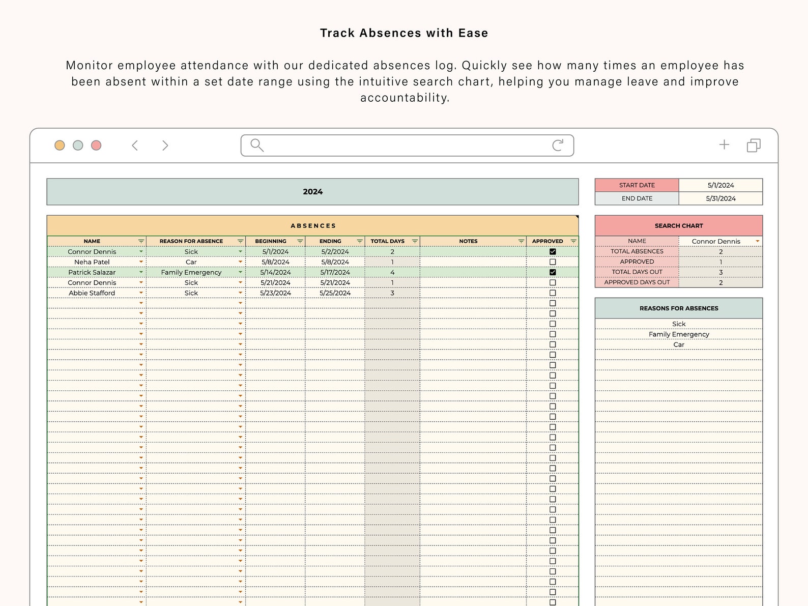 Employee Info and Absence Tracker Monthly Employee Schedule Business ...