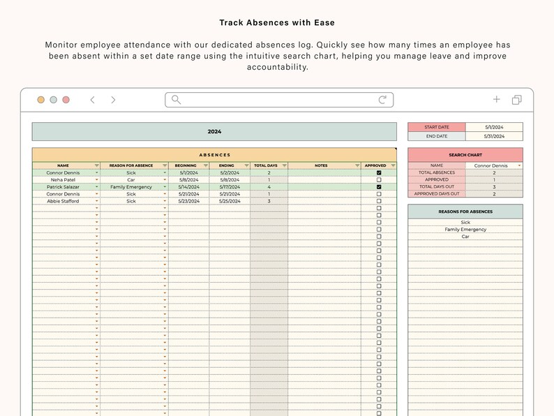 Employee Info and Absence Tracker | Monthly Employee Schedule ...