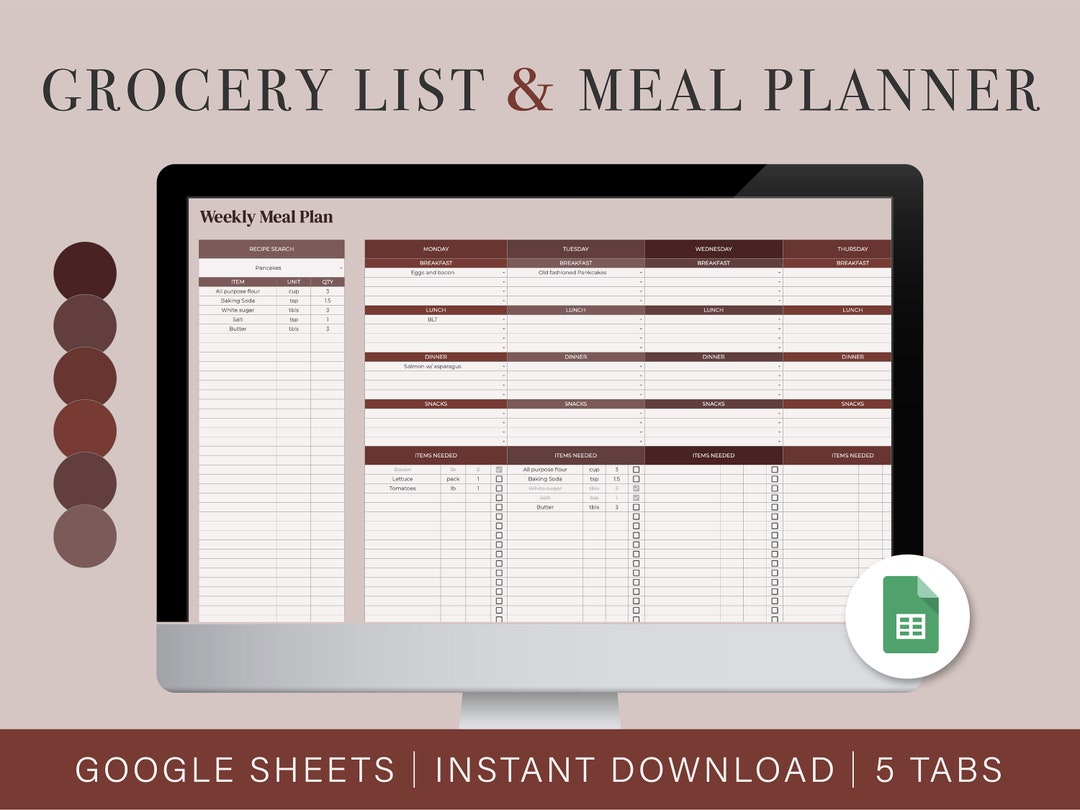 Digital Grocery List & Meal Planner | Google Sheets Spreadsheet ...