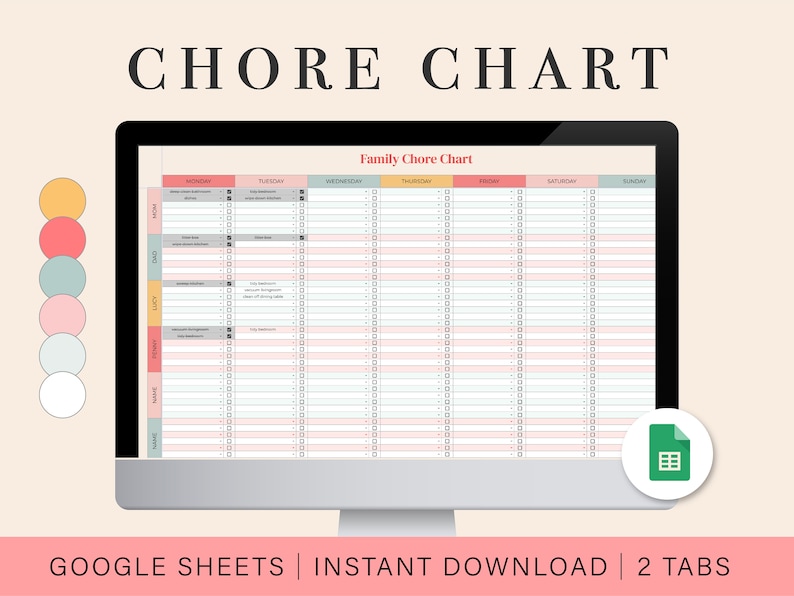 Family Chore Chart Google Sheets Spreadsheet Template Digital Chore ...