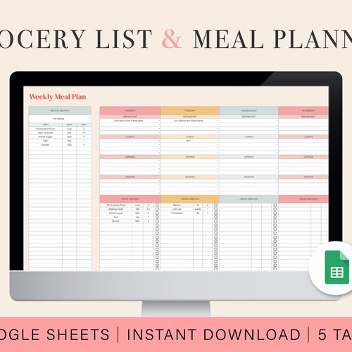 Digital Grocery List & Meal Planner Google Sheets - Etsy