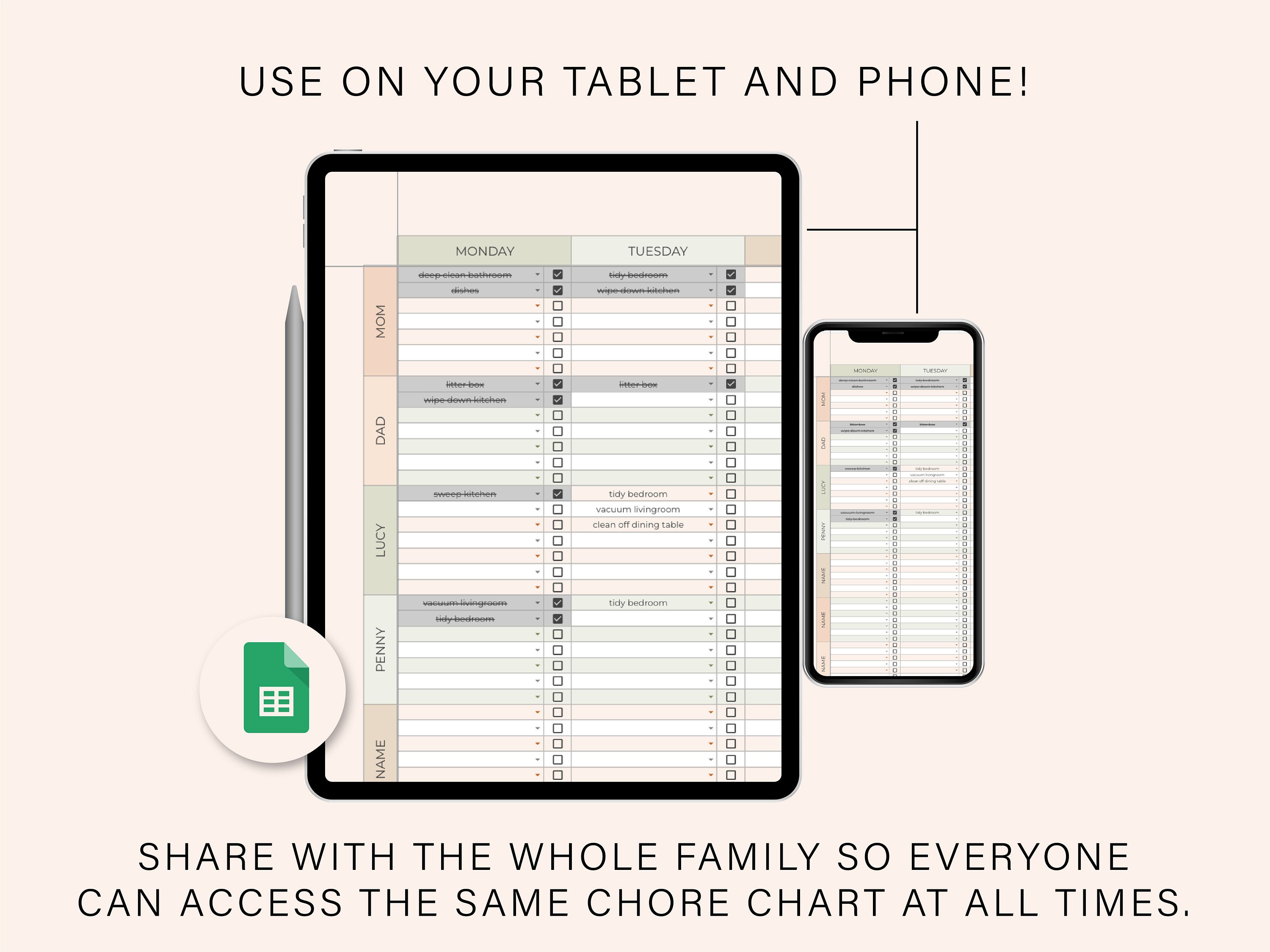 Family Chore Chart Google Sheets Spreadsheet Template Digital Chore ...
