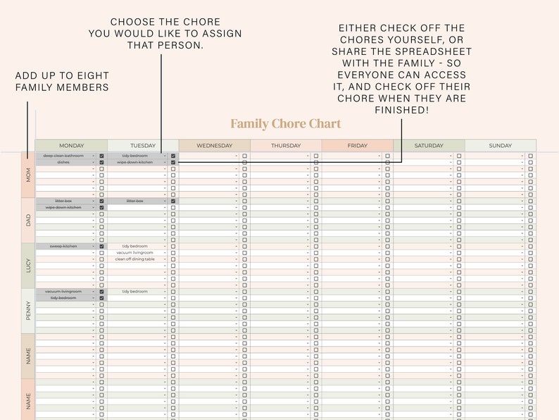Family Chore Chart | Google Sheets Spreadsheet Template | Digital Chore ...