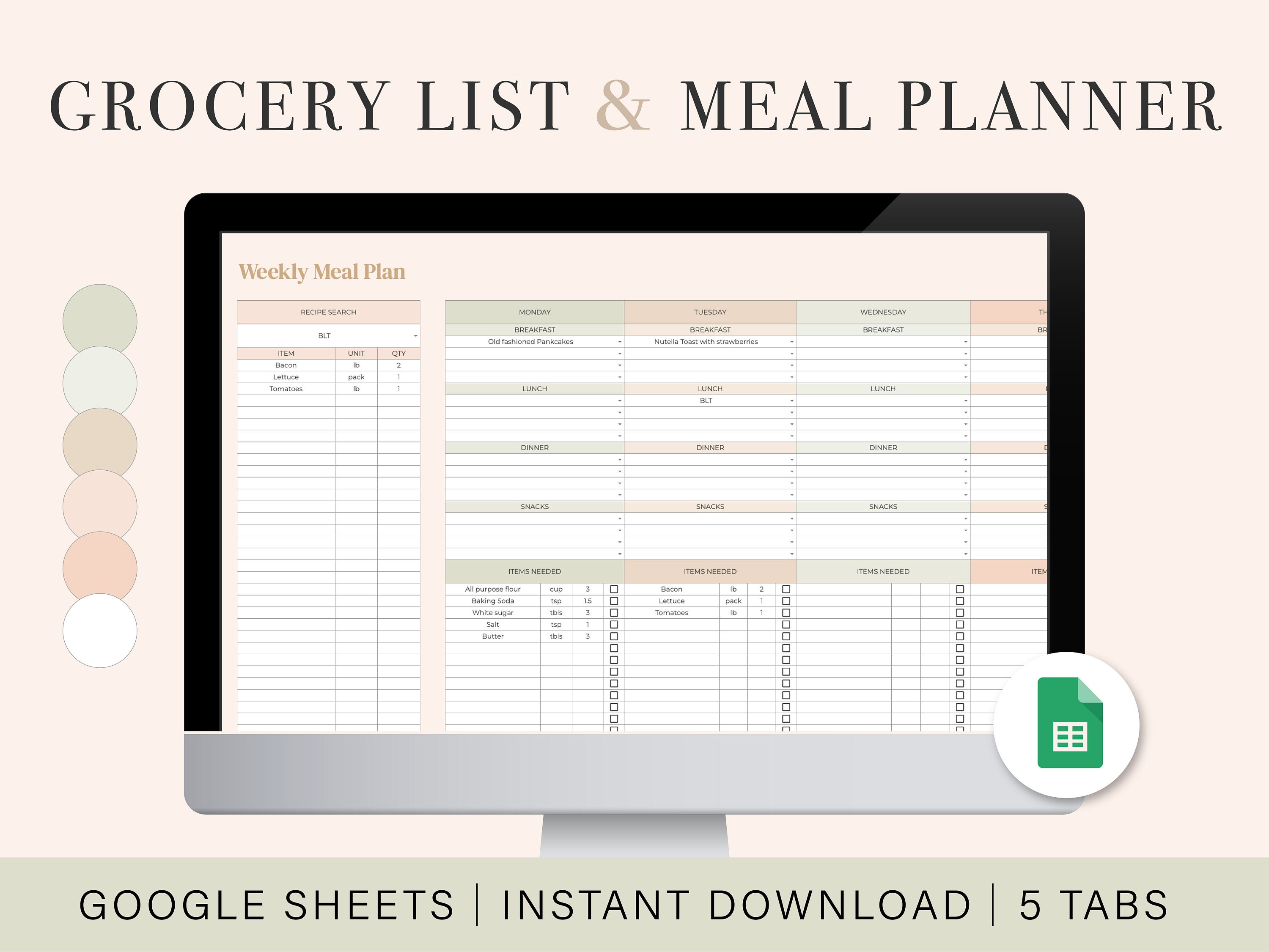 Digital Grocery List & Meal Planner | Google Sheets | Spreadsheet ...