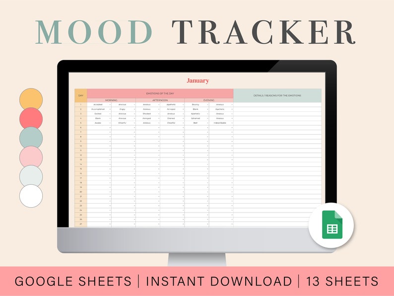 Mood Tracker Spreadsheet Mood Tracking Template Google - Etsy