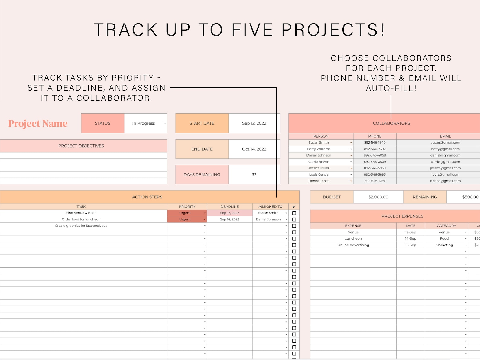 Project Management Planner Spreadsheet | Small Business Project Tracker ...