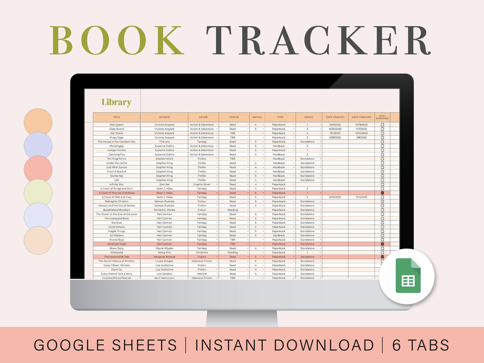 Book Tracker Spreadsheet Reading Log Google Sheets - Etsy