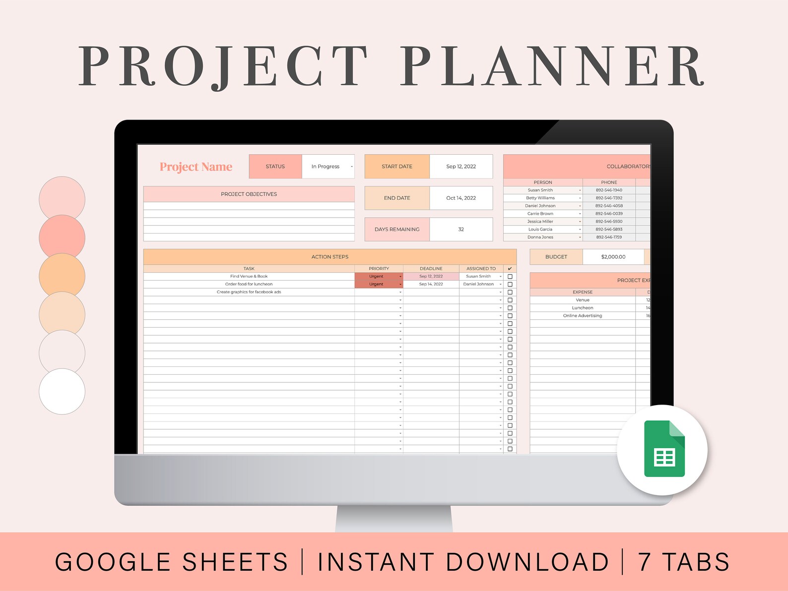 Project Management Planner Spreadsheet | Small Business Project Tracker ...