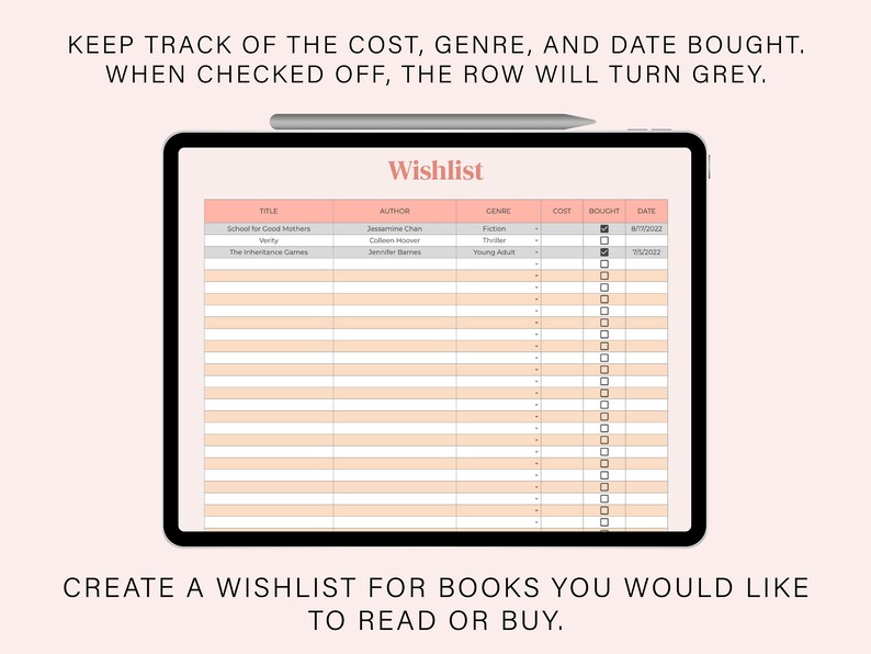 Book Tracker Spreadsheet Reading Log Google Sheets - Etsy