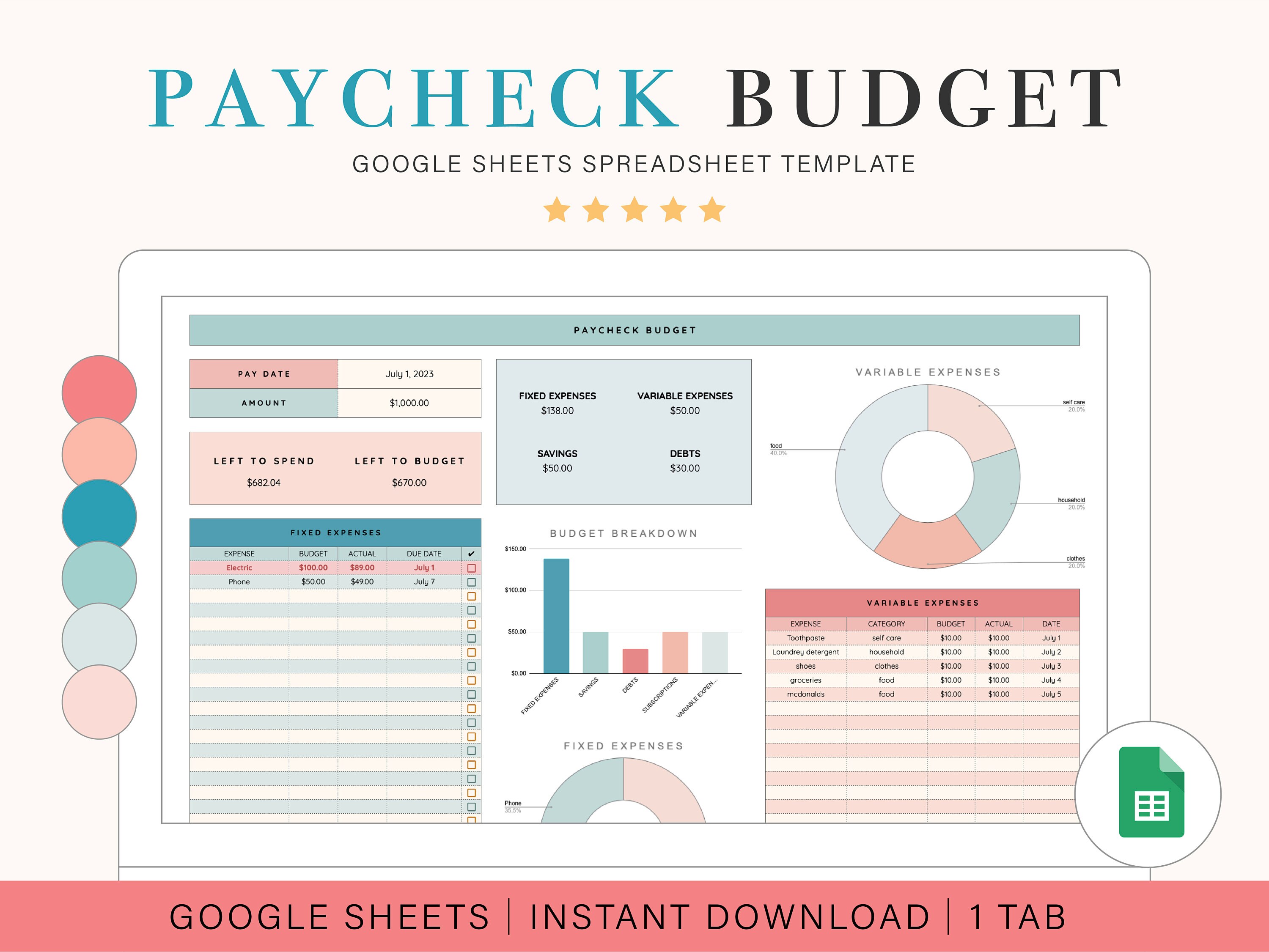 Paycheck Budget Spreadsheet for Google Sheets Template for Budgeting ...