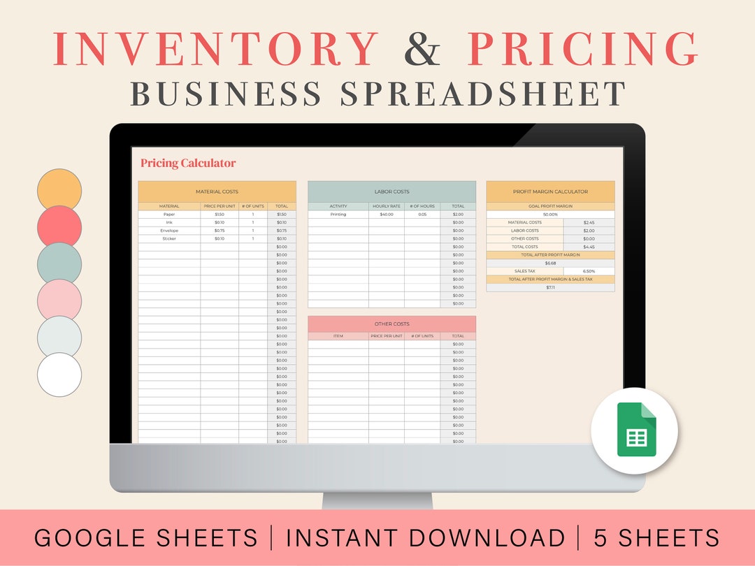 Pricing Calculator | Inventory Spreadsheet | Small Business Spreadsheet ...