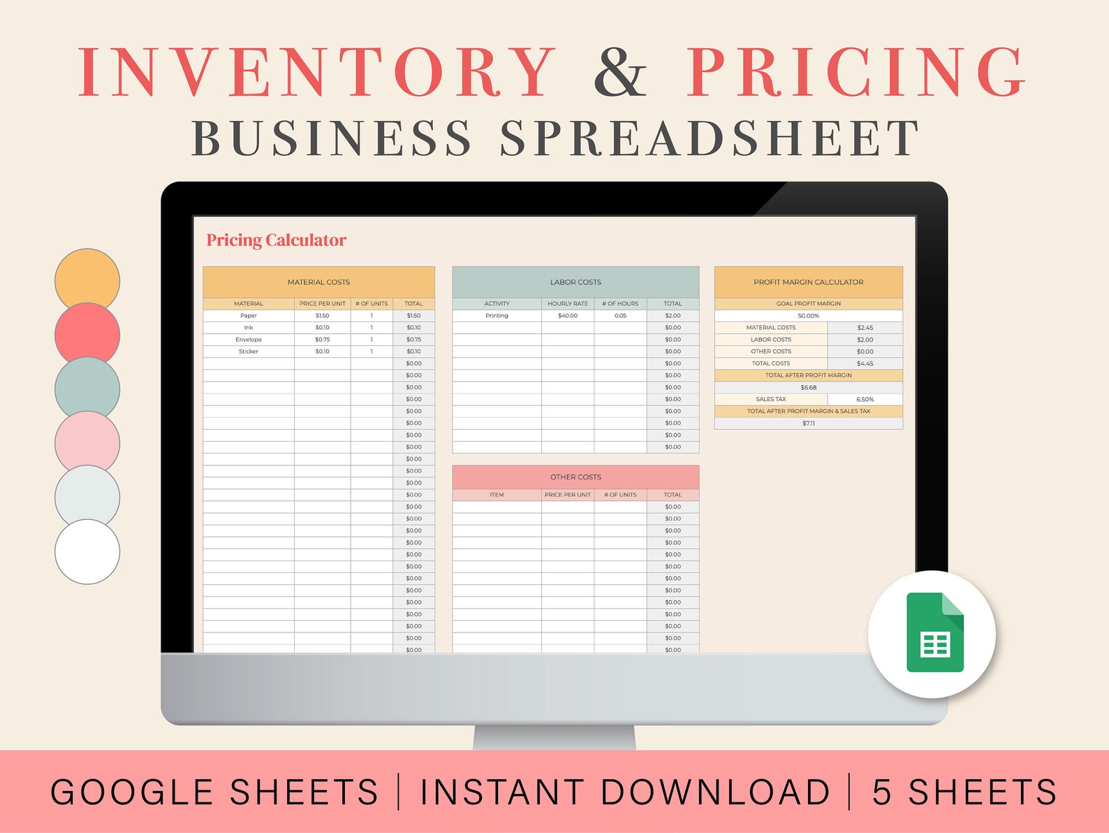 Pricing Calculator | Inventory Spreadsheet | Small Business Spreadsheet ...