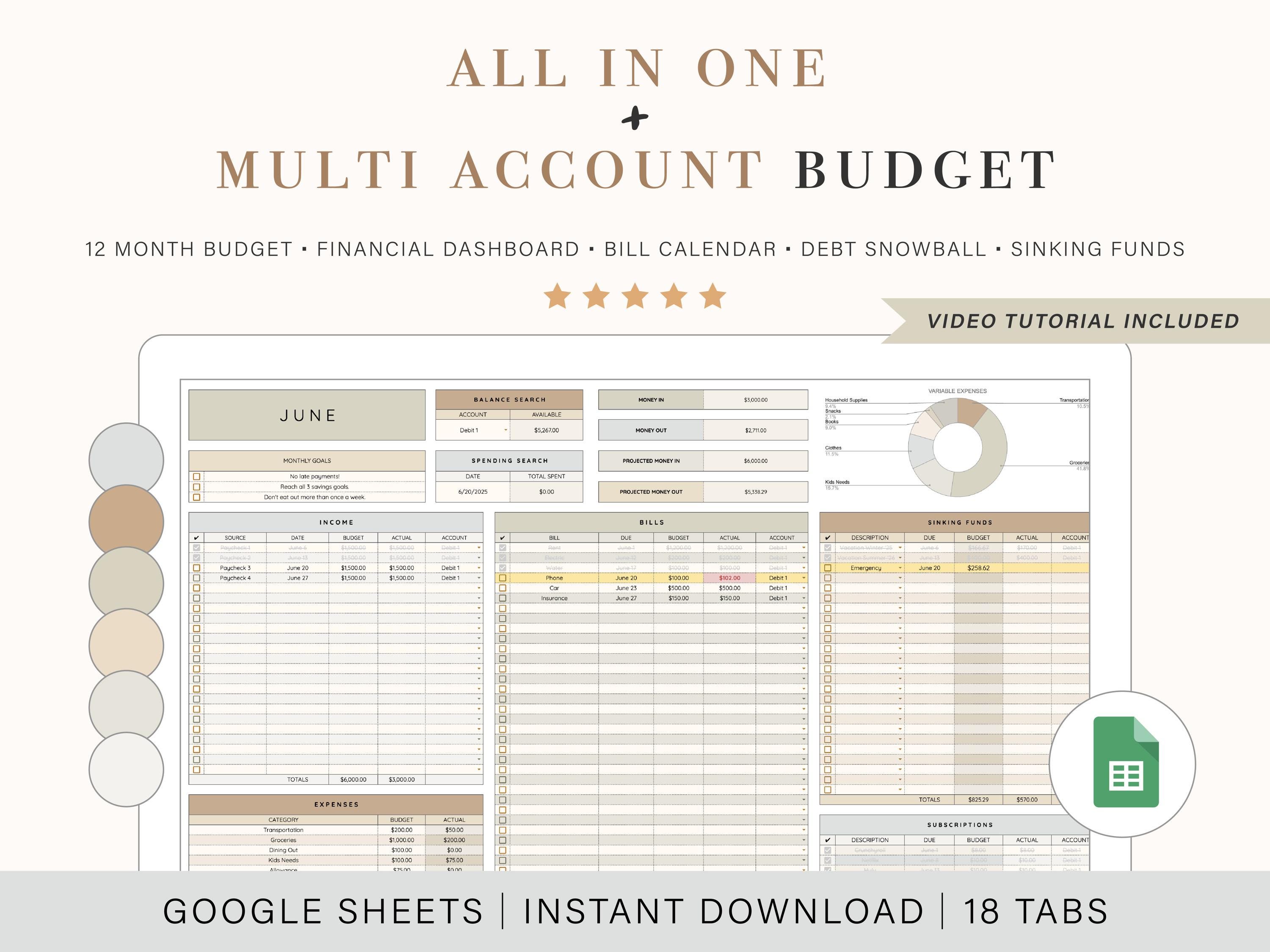 Budget Spreadsheet Template for Multiple Accounts | Monthly Budget ...