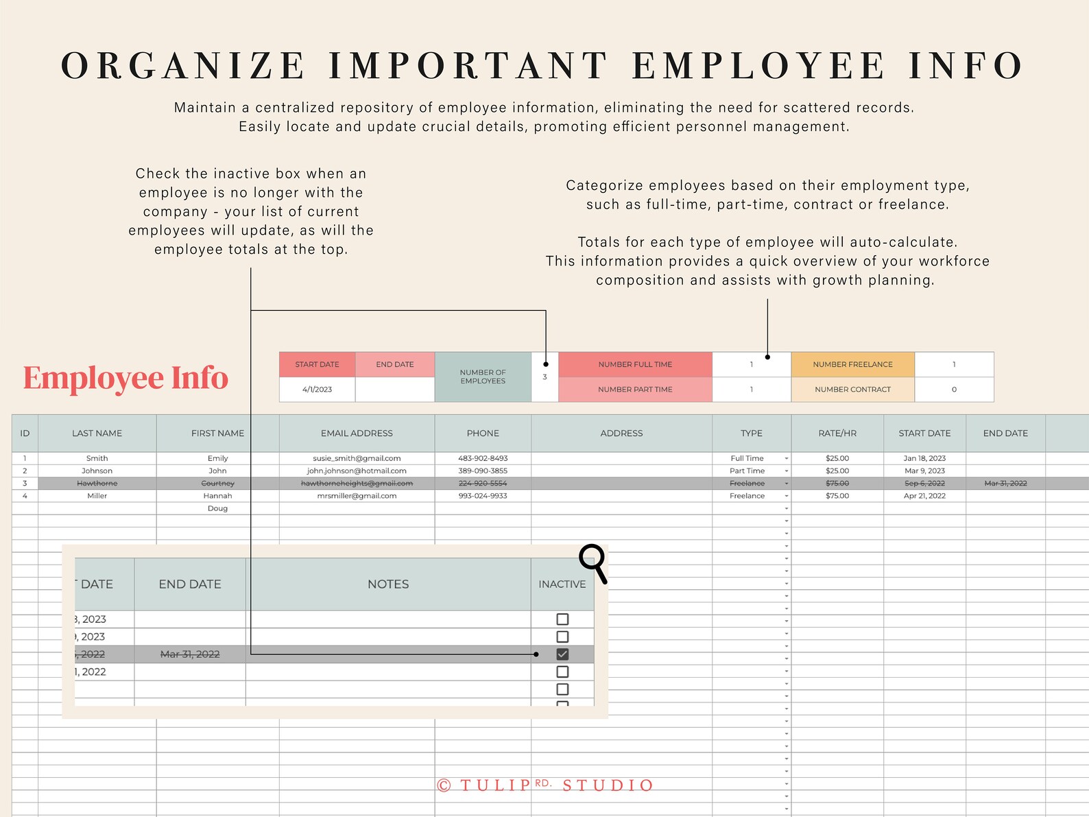 Employee Info and Absence Tracker Monthly Employee Schedule Business ...
