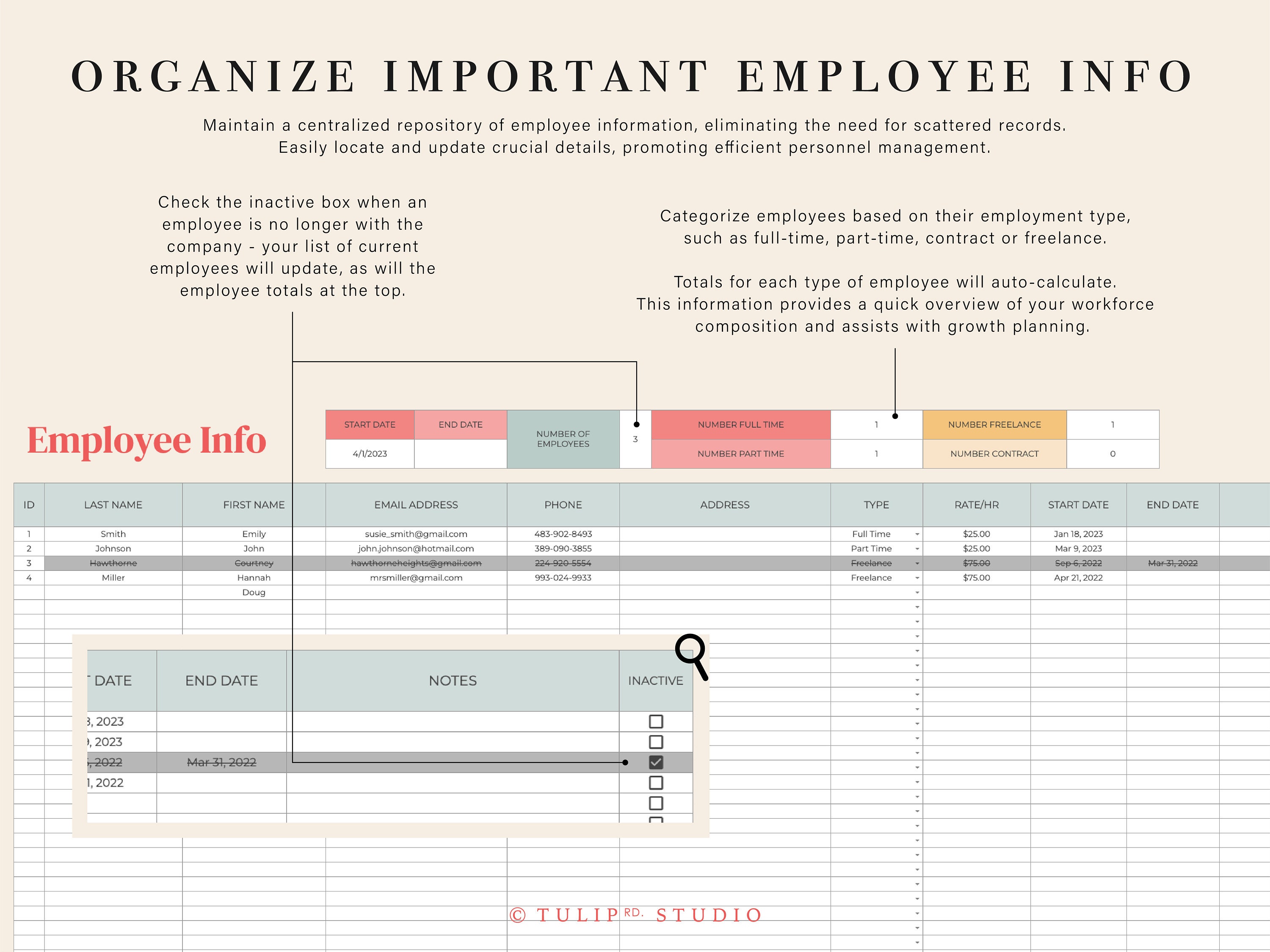 Employee Info and Absence Tracker Monthly Employee Schedule Business ...
