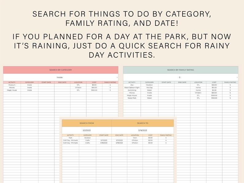 Summer Activity Planning Spreadsheet | Google Sheets Spreadsheet ...