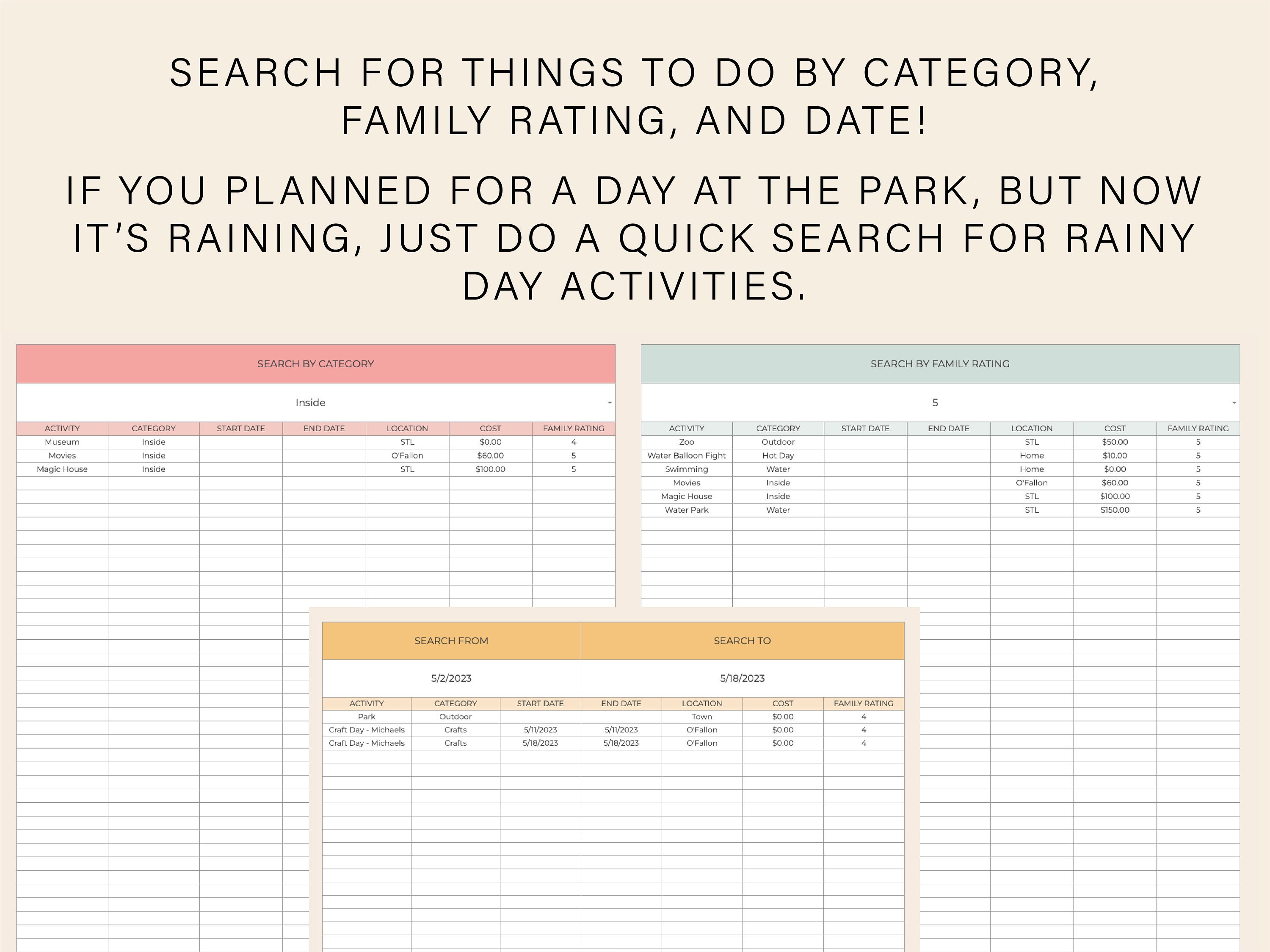 Summer Activity Planning Spreadsheet | Google Sheets Spreadsheet ...