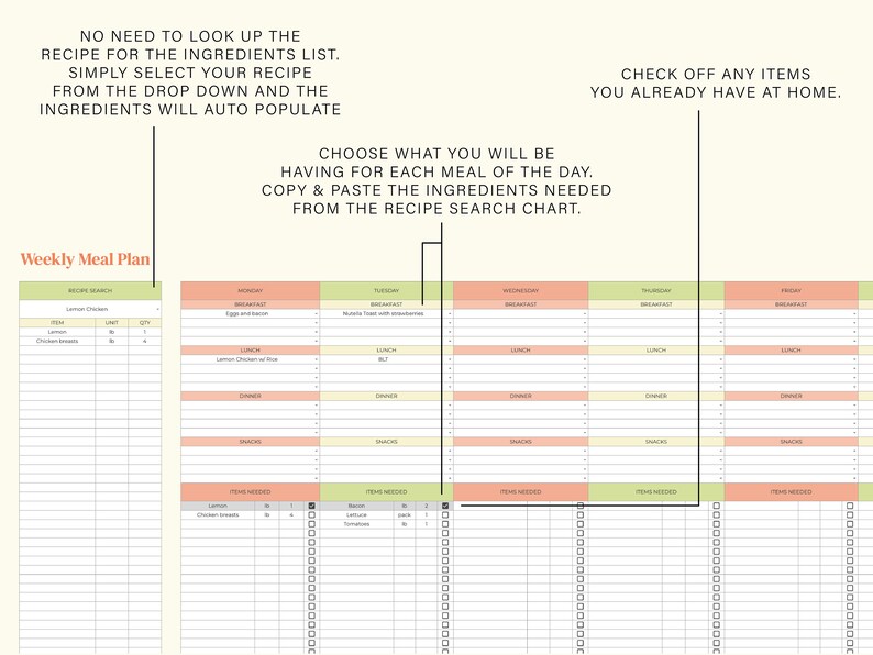 Digital Grocery List & Meal Planner | Google Sheets | Spreadsheet ...