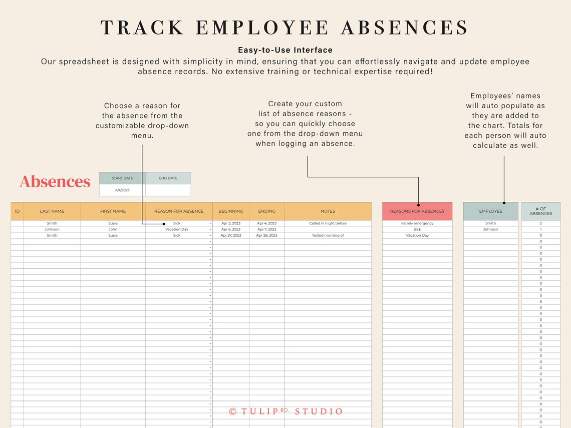 Employee Info and Absence Tracker Monthly Employee Schedule Business ...