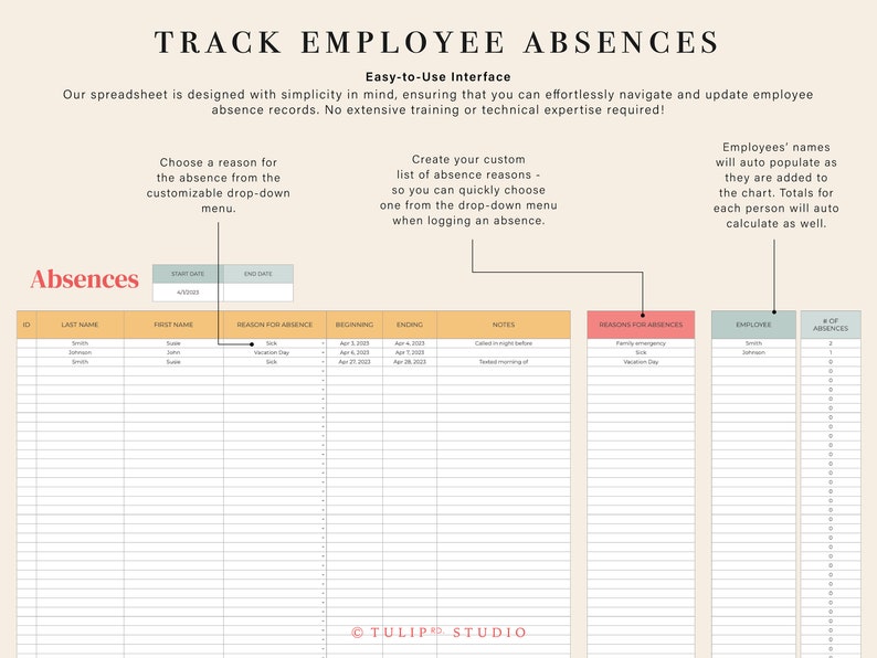 Employee Info and Absence Tracker Monthly Employee Schedule - Etsy