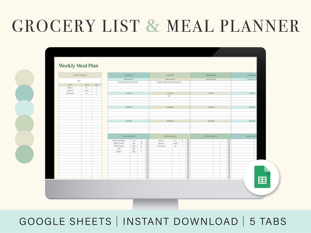 Digital Grocery List & Meal Planner | Google Sheets | Spreadsheet ...