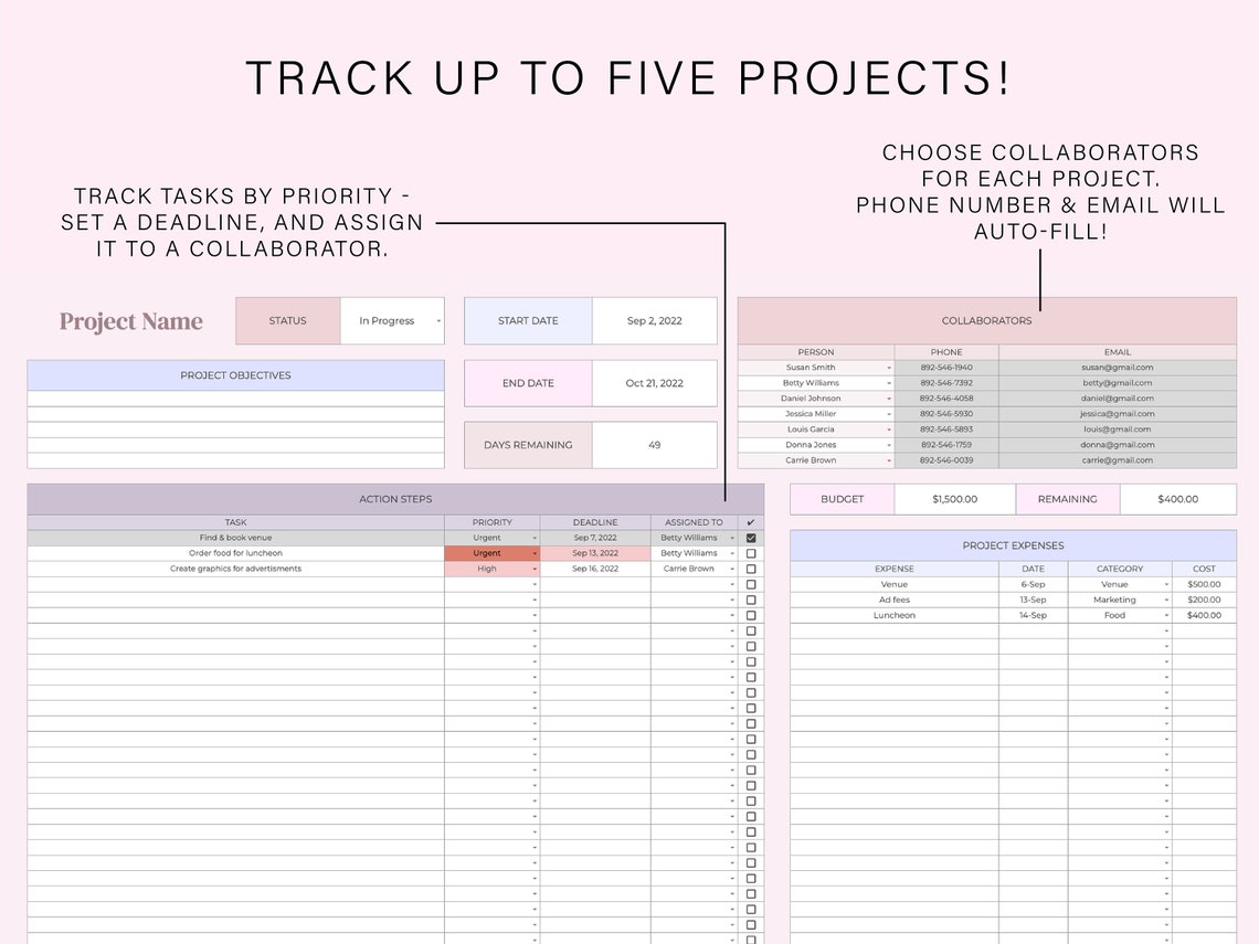 Project Management Planner Spreadsheet | Small Business Project Tracker ...