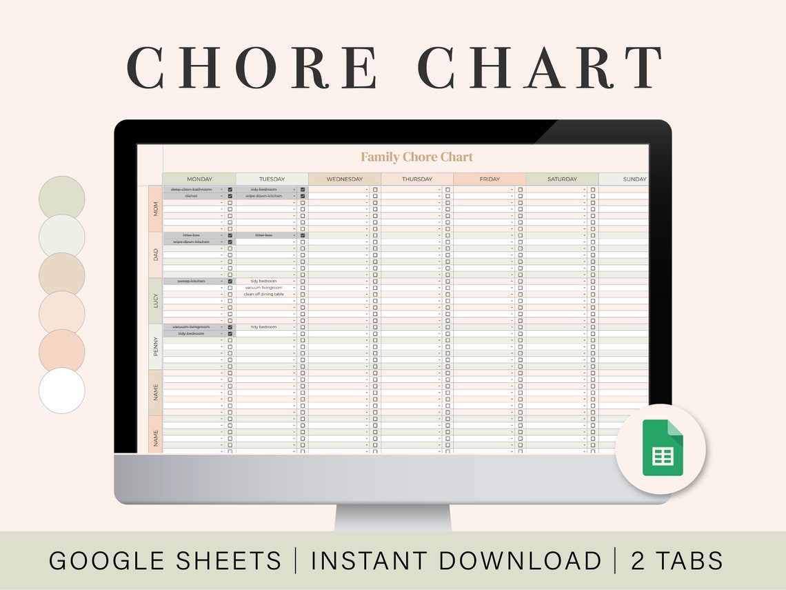 Family Chore Chart Google Sheets Spreadsheet Template Digital Chore ...