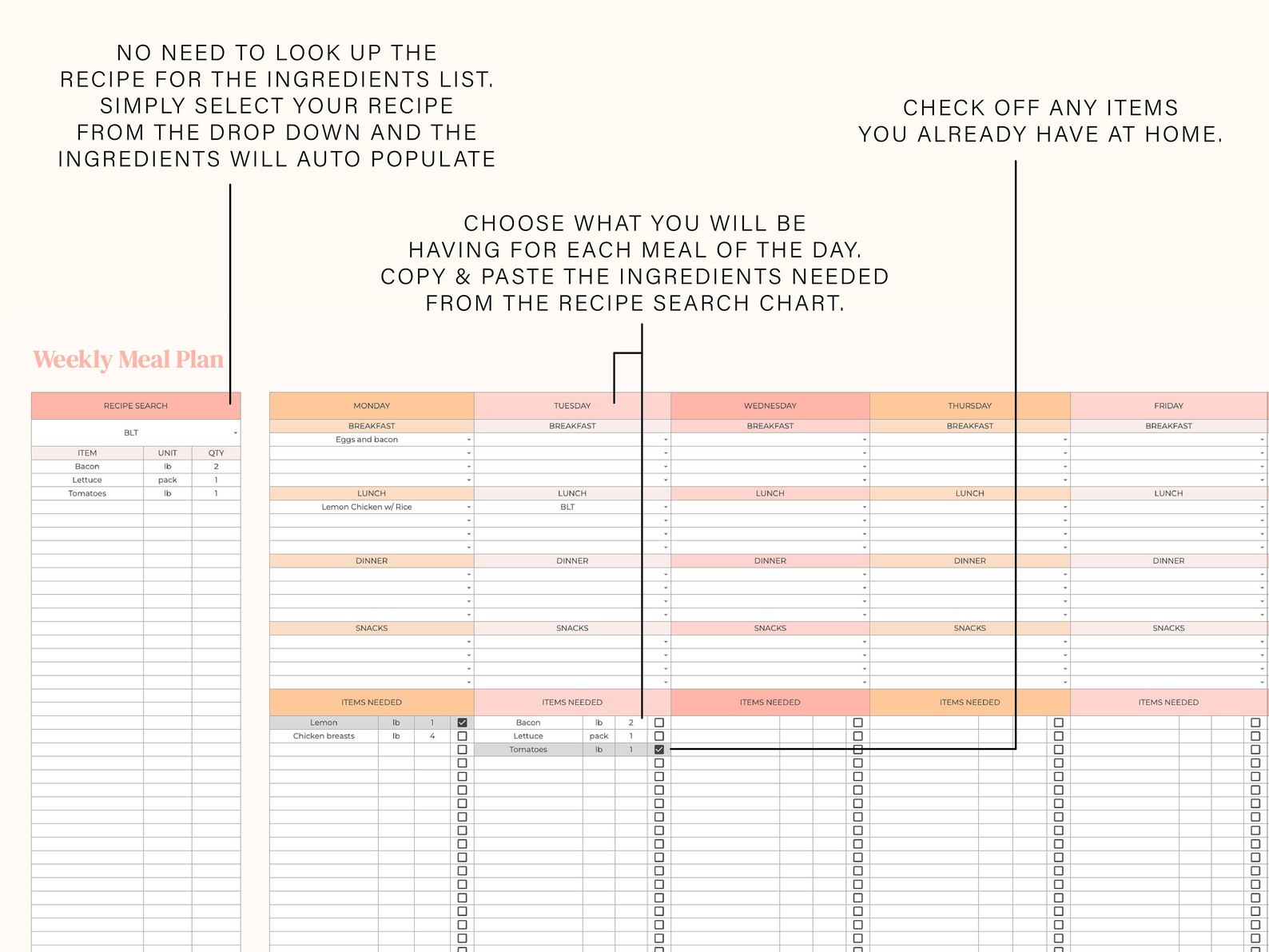 Digital Grocery List & Meal Planner | Google Sheets | Spreadsheet ...