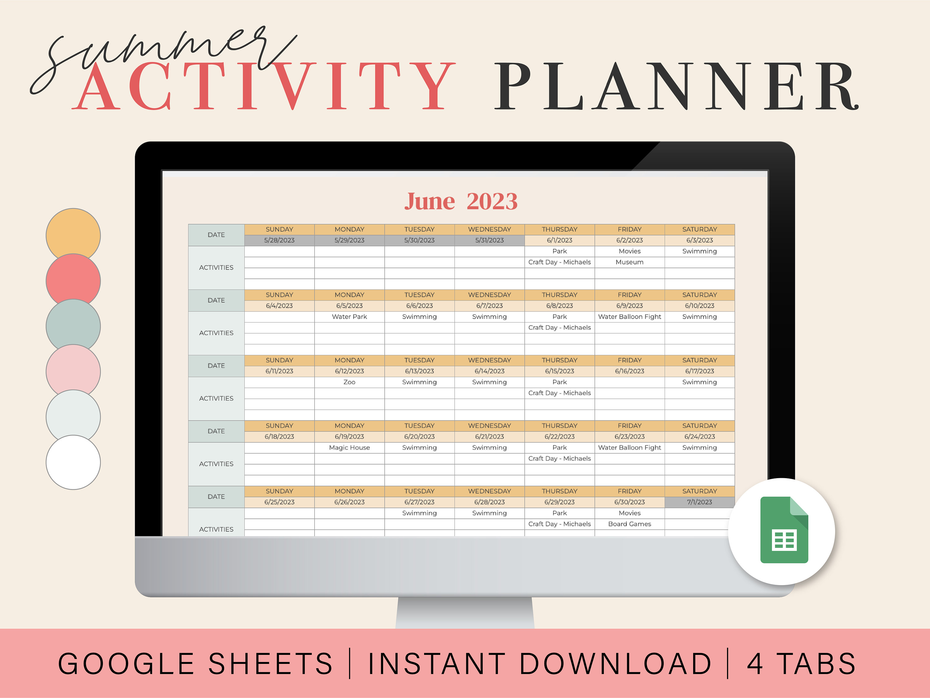 Summer Activity Planning Spreadsheet | Google Sheets Spreadsheet ...