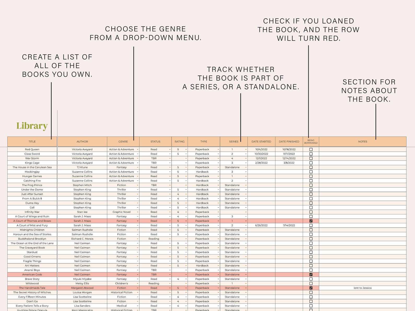 Book Tracker Spreadsheet Reading Log Google Sheets - Etsy