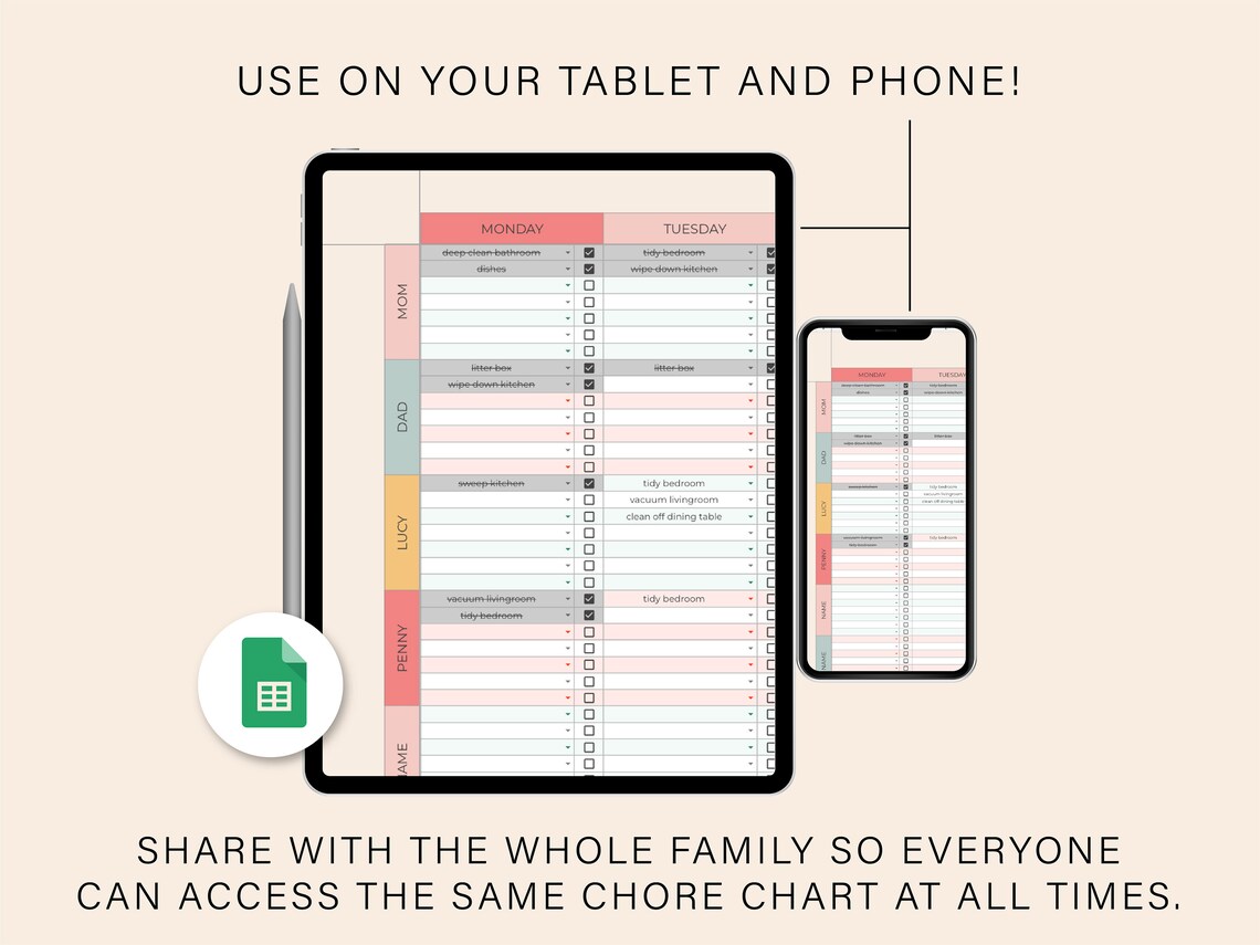 Family Chore Chart Google Sheets Spreadsheet Template Digital Chore ...