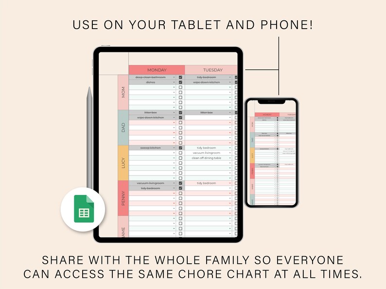 Family Chore Chart Google Sheets Spreadsheet Template Digital Chore ...