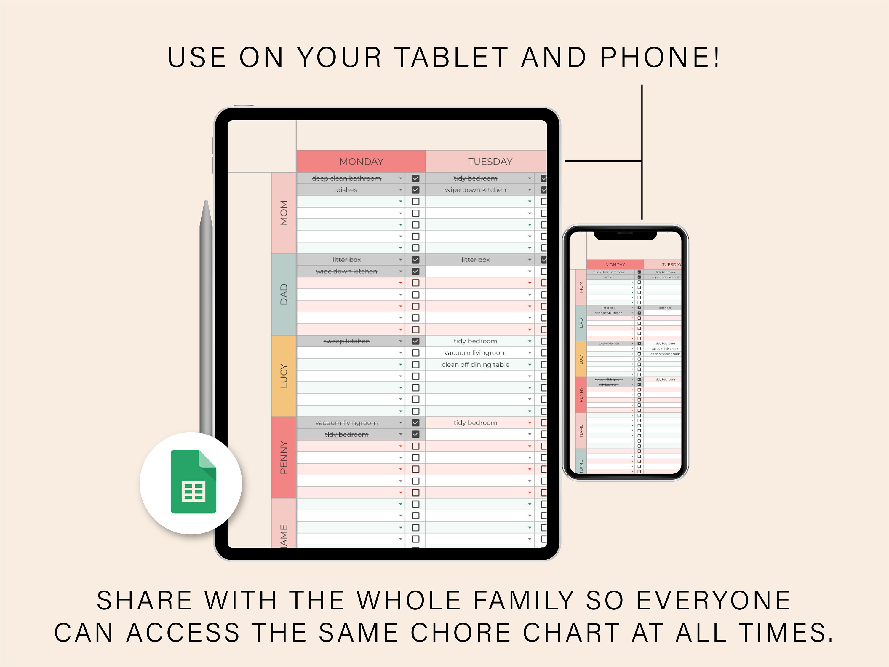 Family Chore Chart Google Sheets Spreadsheet Template Digital Chore ...
