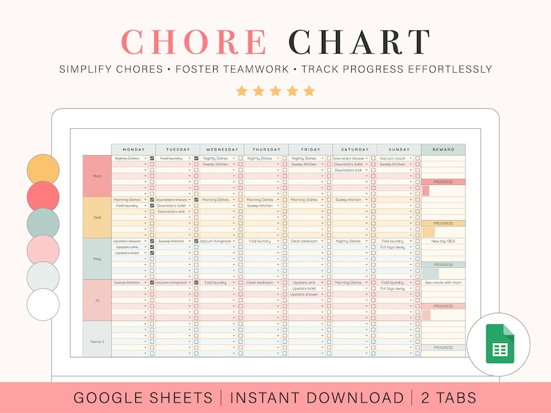 Family Chore Chart | Google Sheets Spreadsheet Template | Digital Chore ...