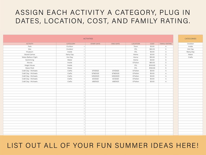 Summer Activity Planning Spreadsheet | Google Sheets Spreadsheet ...