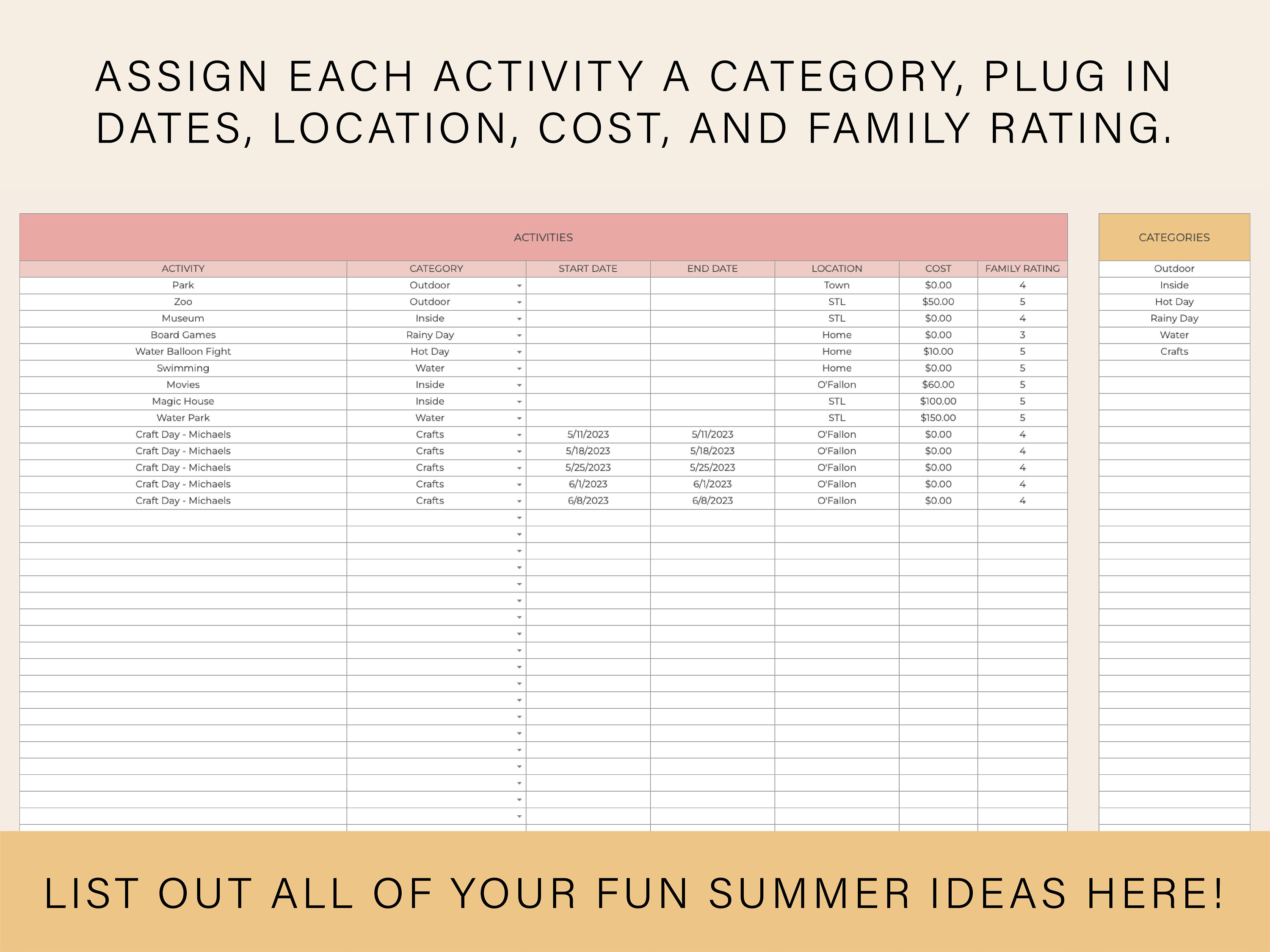 Summer Activity Planning Spreadsheet | Google Sheets Spreadsheet ...
