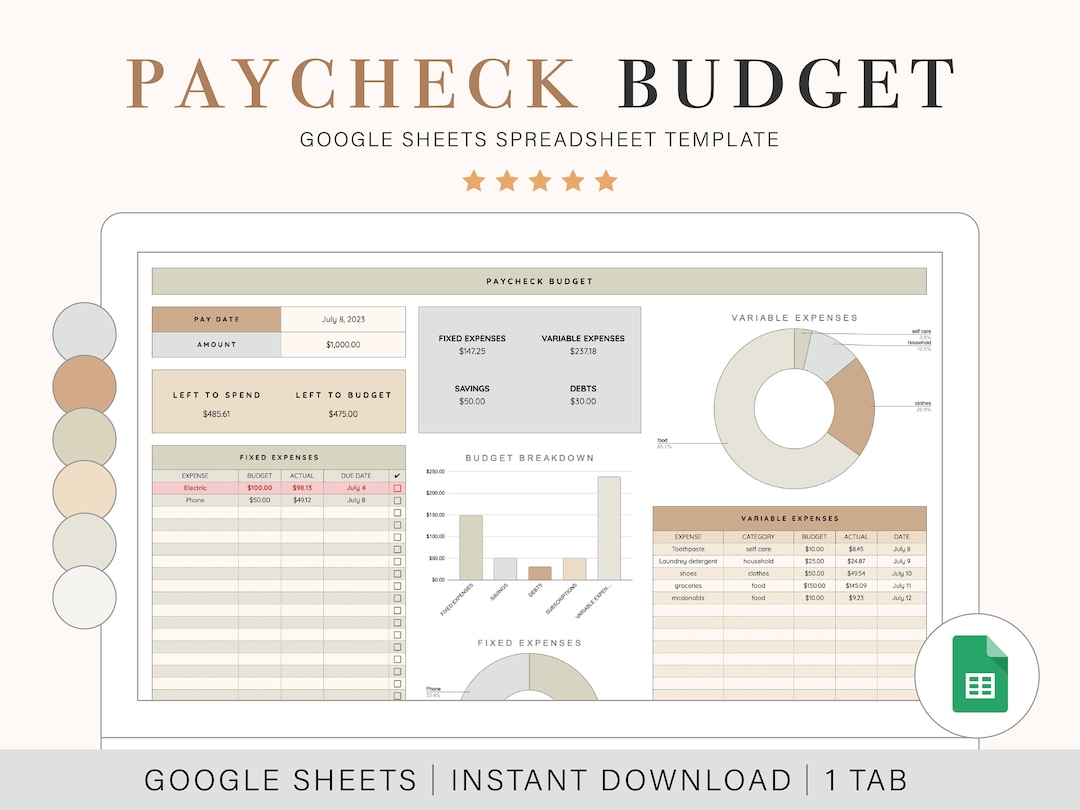Paycheck Budget Spreadsheet for Google Sheets Template for Budgeting Paycheck Planner to Budget ...