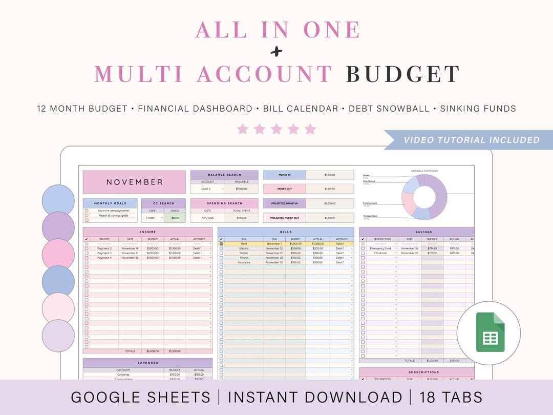 Budget Spreadsheet Template for Multiple Accounts | Monthly Budget ...