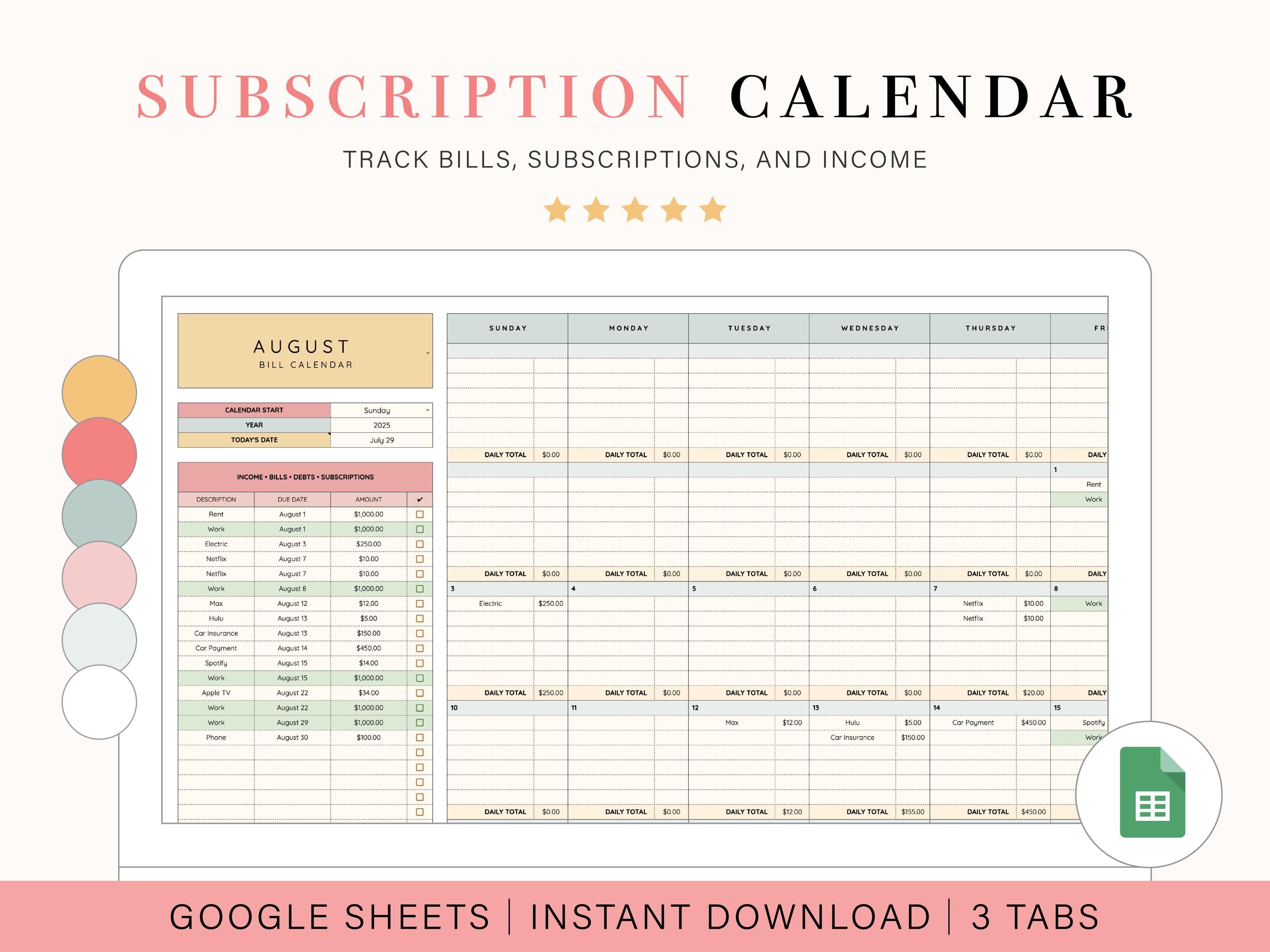 Subscription Tracking Calendar | Bill Calendar | Google Sheets Budget ...