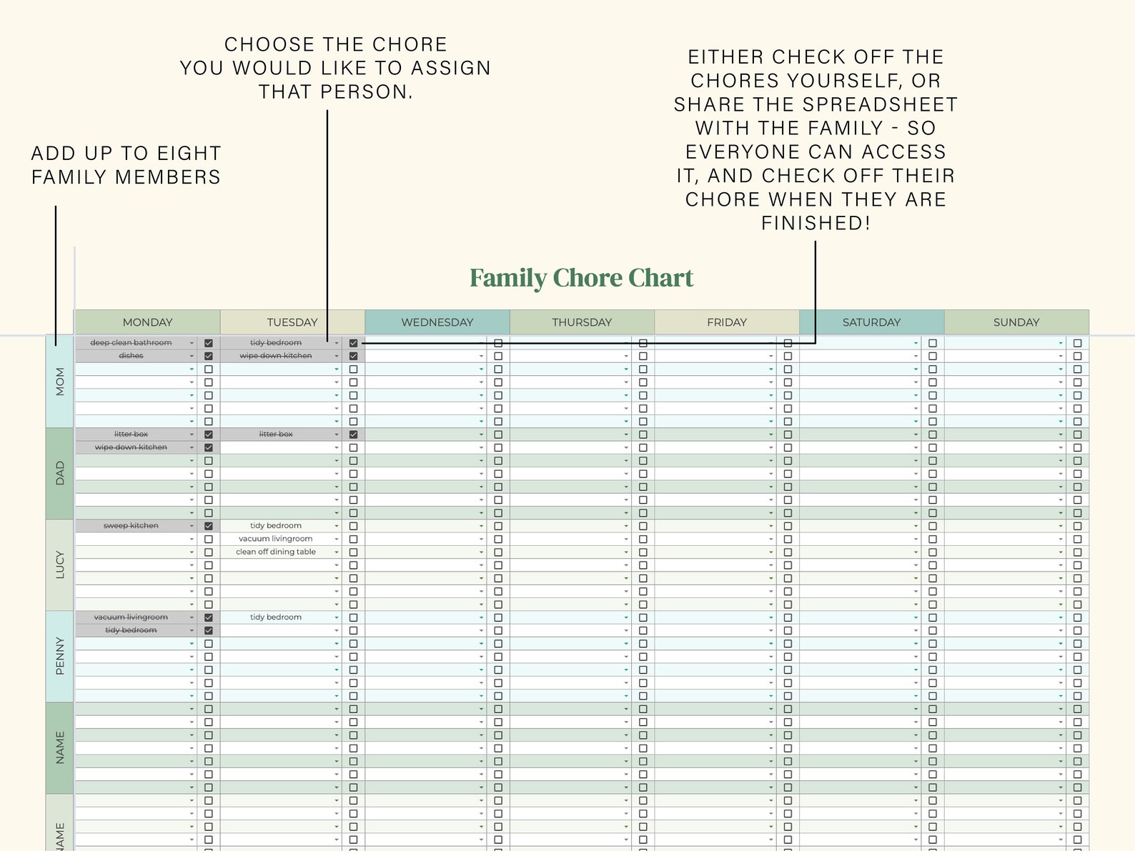 Family Chore Chart | Google Sheets Spreadsheet Template | Digital Chore ...