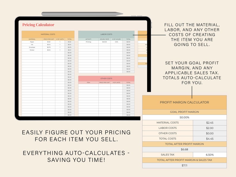 Pricing Calculator Inventory Spreadsheet Small Business - Etsy